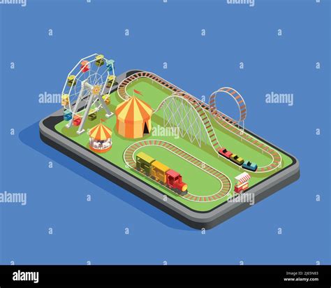 Isometric Composition With Different Attractions In Amusement Park On Blue Background D Vector