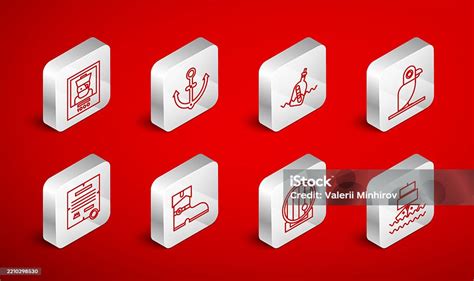 선박 닻 물 속의 메시지가 담긴 병 해적 앵무새 나무 통 수배 포스터 해적 가죽 부츠 및 법령 양피지 스크롤 아이콘을 설정합니다 벡터 3차원 형태에 대한 스톡 벡터 아트 및