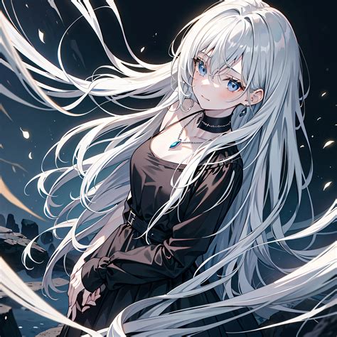 긴 흰 머리카락과 파란 눈을 가진 애니메이션 소녀가 어두운 배경 앞에 서 있다 Seaart Ai