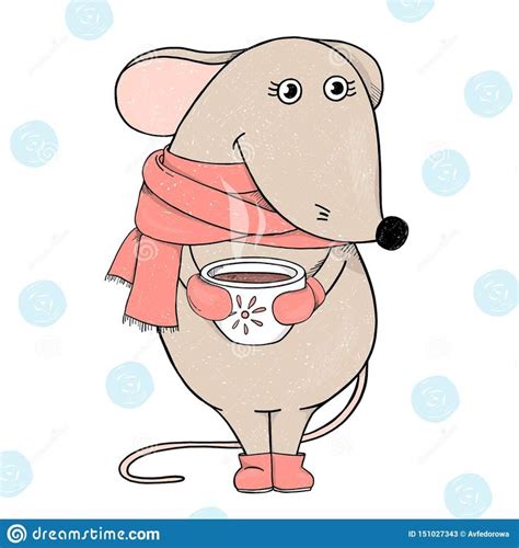 Милая мышь в красном шарфе держа чашку горячих чая или кофе и усмехаться Открытка для Нового