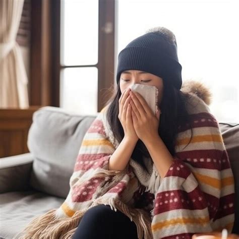 Premium Ai Image Sick Asian Woman Using A Tissue To Sneeze And