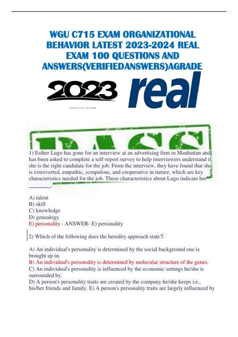 WGU C715 EXAM ORGANIZATIONAL BEHAVIOR LATEST REAL EXAM 100 QUESTIONS AND ANSWERS VERIFIED