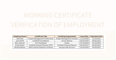 Working Certificate Verification Of Employment Excel Template And