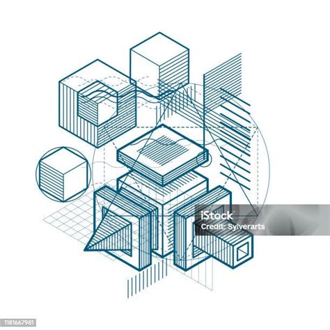 선형 차원 모양 벡터 3d 메시 요소와 아이소메트릭 추상 배경 큐브 육각형 사각형 사각형 및 다른 추상 요소의 구성 0명에 대한 스톡 벡터 아트 및 기타 이미지 Istock