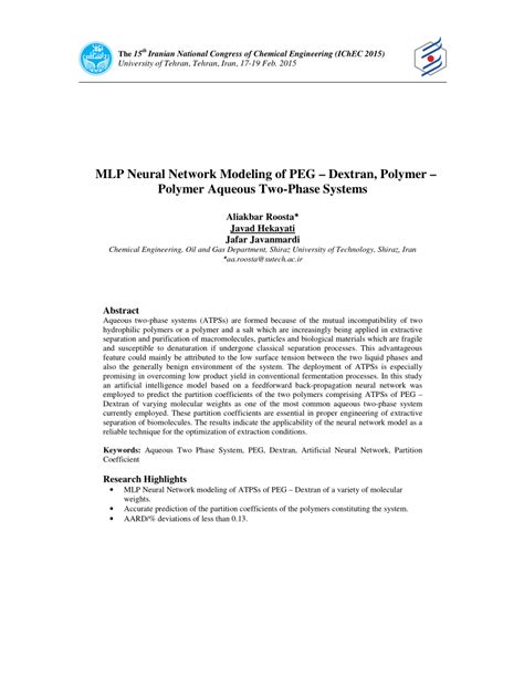 Pdf Mlp Neural Network Modeling Of Peg Dextran Polymer Polymer Aqueous Two Phase Systems