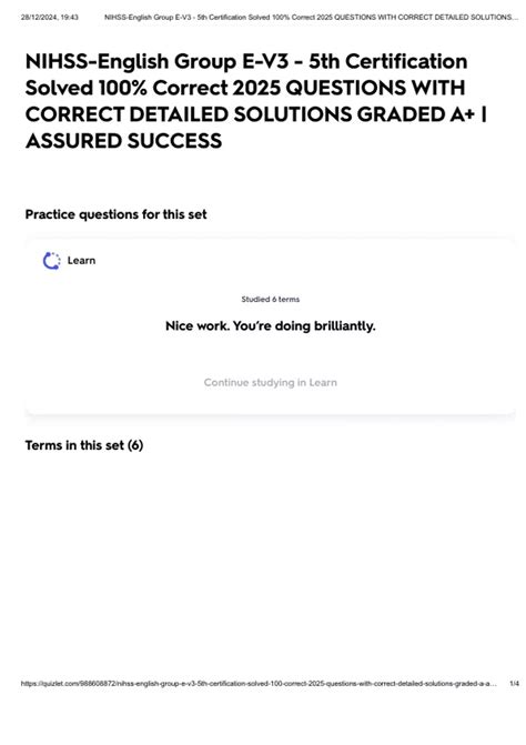 Nihss English Group E V3 5th Certification Solved 100 Correct 2025 Questions With Correct