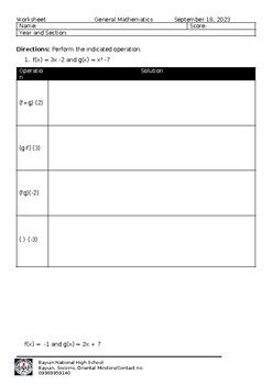 Operation On Functions Worksheet With Complete Solution By Reymon Dela Cruz