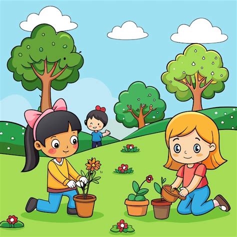 Un Dibujo De Dibujos Animados De Niños En Un Jardín Con Un Grupo De
