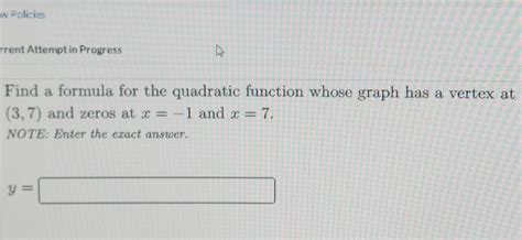 Solved Find A Formula For The Quadratic Function Whose Graph