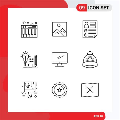 Pictogram Set Of 9 Simple Outlines Of Computer Lamp Data Key Idea