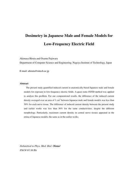 Pdf Dosimetry In Japanese Male And Female Models For A Low Frequency Electric Field