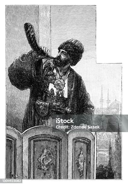무에진은 이집트 카이로 모스크에서 기도를 부르고 있다 북아프리카의 역사와 문화 골동품 빈티지 일러스트레이션 19세기 19세기에 대한 스톡 벡터 아트 및 기타 이미지 Istock