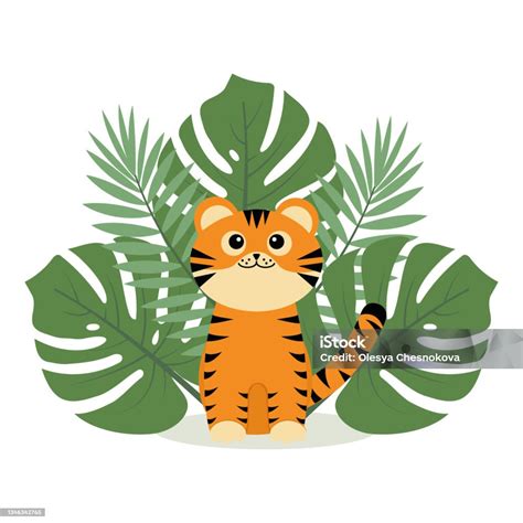 열대 잎의 배경에 작은 호랑이 새끼 만화 스타일의 색상 고립 된 벡터 일러스트 레이션 12월에 대한 스톡 벡터 아트 및 기타 이미지 12월 12월 31일 2022년