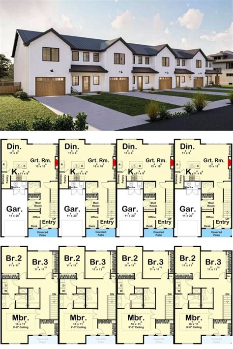 Two Story Modern Farmhouse Quadplex With Open Living Space And 3 Bed Units Floor Plan