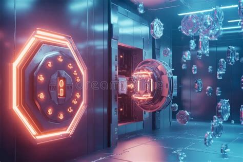 A High Tech Cybersecurity Vault With Massive Glowing Hexagonal Locks