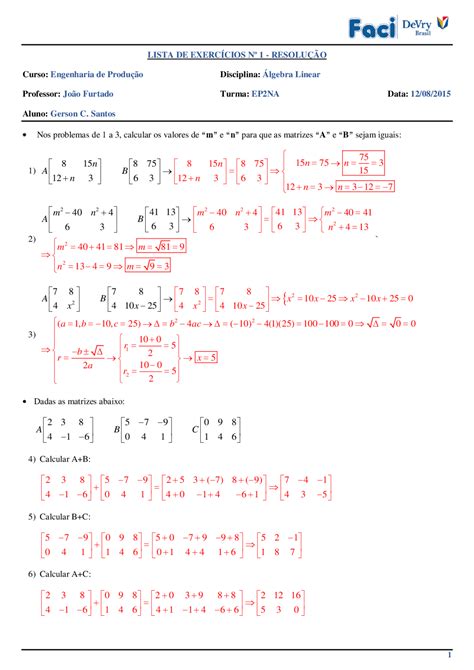 Lista De Exercícios De Álgebra Linear Exercícios De Matrizes Docsity