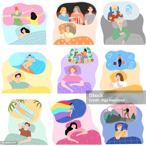 집에서 침대에서 자고 삶에 대한 다양한 꿈을 꾸는 사람들 0명에 대한 스톡 벡터 아트 및 기타 이미지 0명 개념 개체 그룹 Istock