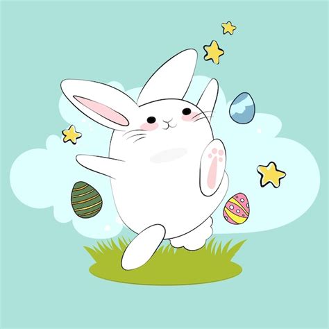 Premium Vector A Cartoon Bunny With Easter Eggs On A Blue Background