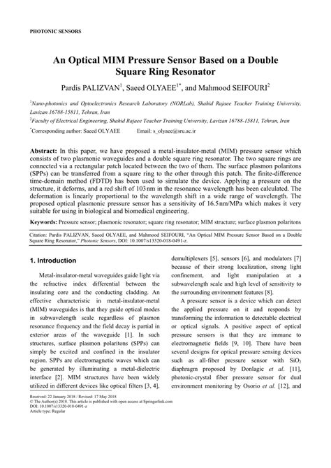 Pdf An Optical Mim Pressure Sensor Based On A Double Square Ring