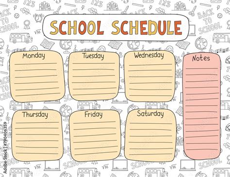 School Schedule Template Printable Us Letter Size Vector Weekly Class