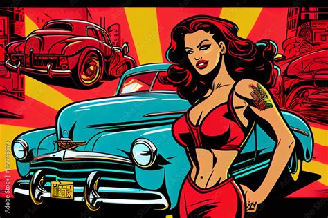Portrait Von Sexy Pin Up Girl Mit Einem Oldtimer Im Bunten Pop Art