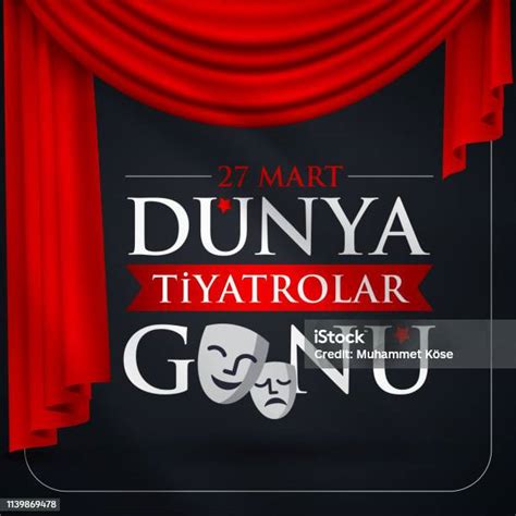 27 Mart Dünya Tiyatrolar Dünya翻譯 3月27日 世界戲劇日 概念賀卡 與窗簾和場景與紅色天鵝絨窗簾 戲劇面具範本