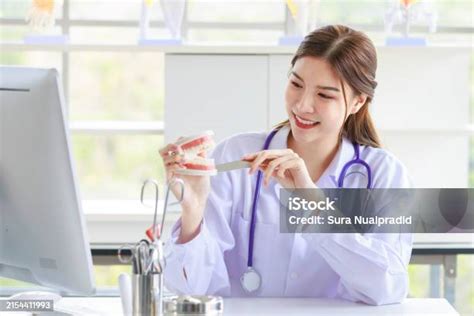 직장에서 치과 및 치과의 치아 질환 치료 및 분석에 사용되는 모델 및 장비로 작업하는 아시아 여성 의사 또는 치과 의사 30