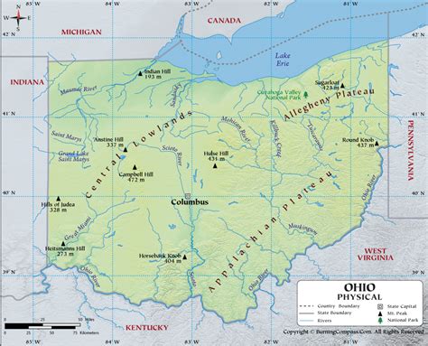 Ohio Physical Map Showing Geographical Physical Features With Rivers