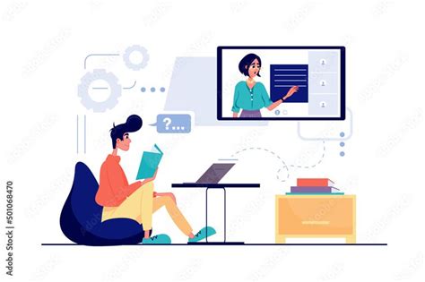 Distance Learning Concept In Flat Cartoon Design Student Reads