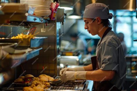 Male Fast Food Restaurant Worker At His Cooking Station Preparing Food