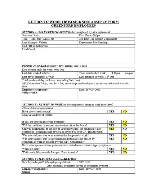 Sickness Absence Return To Work Form 2 Pdf