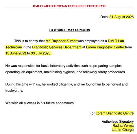 Lab Technician Experience Certificate Word Formats