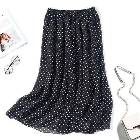 여자 100 실크 무릎 길이 스커트 블랙 도트 2 층 Pleated 롱 스커트 여름 해변 Jn112스커트 Aliexpress