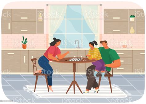 체스를 연주하는 쾌활한 가족 보드 게임을 가진 부모와 아이들은 부엌에서 시간을 보내고 가공의 인물에 대한 스톡 벡터 아트 및