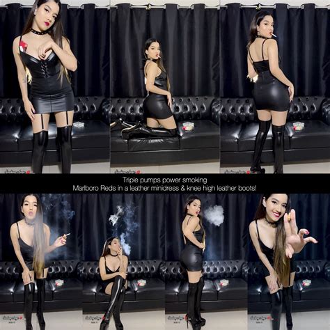 Smoking Angie Triple Pumps Power Smoking Marlboro Reds In A Tight Leather Minidress And
