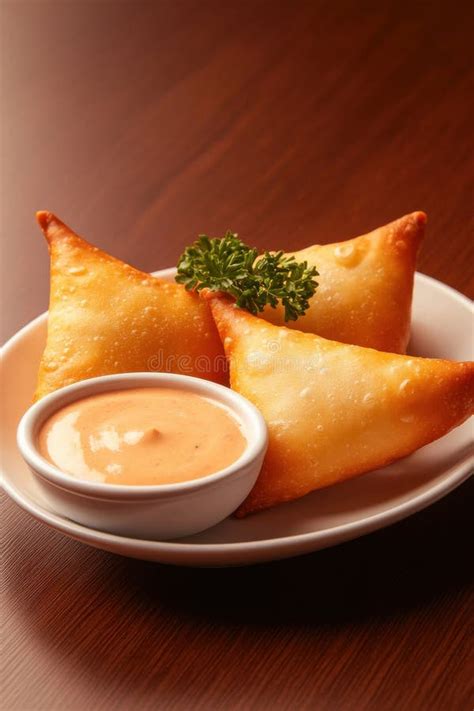 Golden Cheese Sambousek Served With A Delicious Dipping Sauce On A Rustic Wooden Table Stock