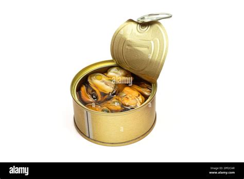 Opened Pull Tin Can Of Mussels Isolated On White Background Sea Food