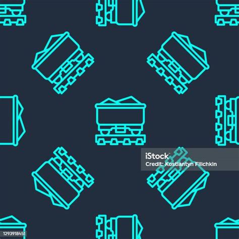 Green Line Coal Train Wagon Icon Isolated Seamless Pattern On Blue