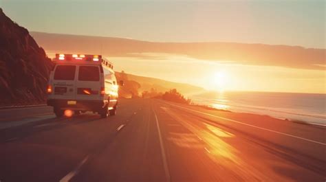 A Speeding Ambulance Drives Along An Oceanside Road At Sunset Its
