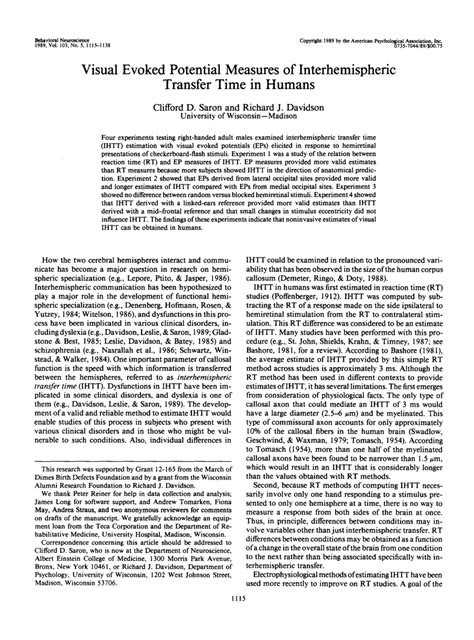 Pdf Visual Evoked Potential Measures Of Interhemispheric Transfer