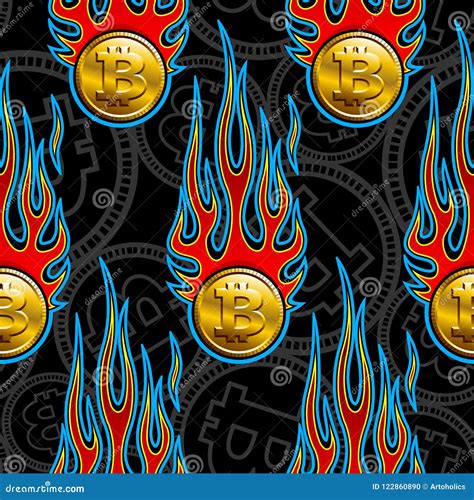 Seamless Vector Pattern Of Digital Bitcoin Crypto Currency Icons And Flames Stock Vector