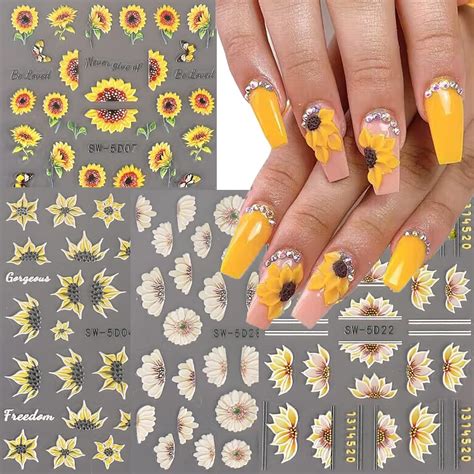 5d Engraved Sunflower Nail Art Stickers Decals Yellow Lotus