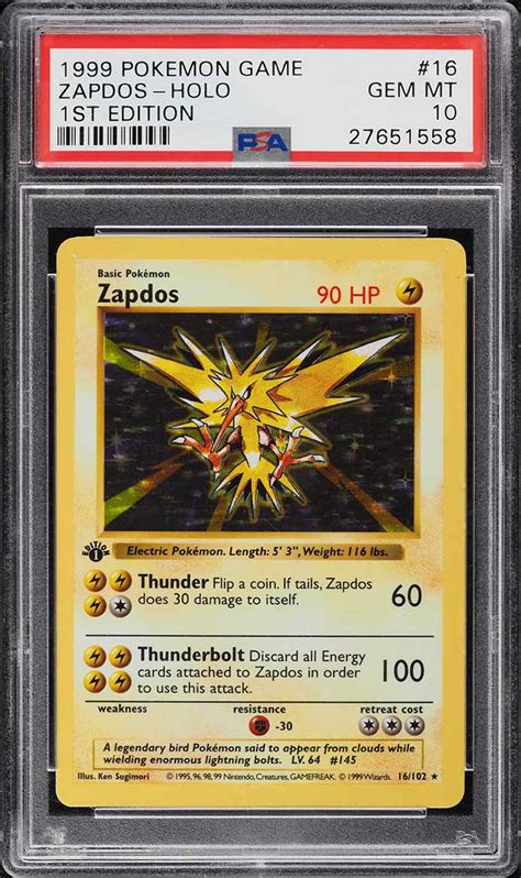 1999 Pokemon Base Set Shadowless 1st Edition Holo Zapdos 16 Psa 10 Gem