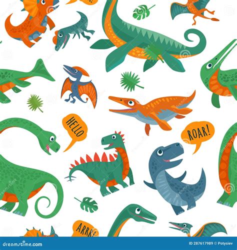 Seamless Pattern With Dinosaurs Vector Colorful Flat Illustration