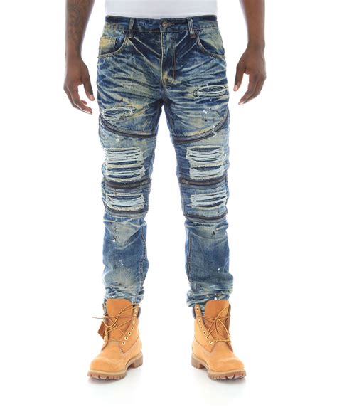 Smoke Rise Mens Ripped With Accordion Backing Moto Biker Denim Jean Ebay