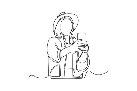 Une Seule Ligne Dessinant Une Femme Heureuse Faire Un Contenu Vlog Avec