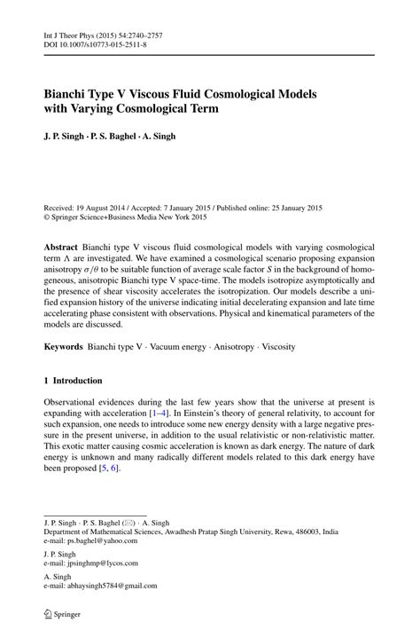 Pdf Bianchi Type V Viscous Fluid Cosmological Models With Varying