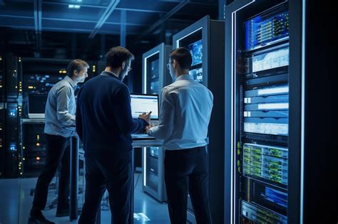 Premium Photo Data Center Technicians Monitoring Network Performance
