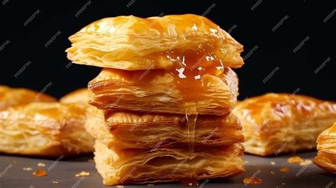 Premium Ai Image A Stack Of Golden Flaky Puff Pastry Turnovers With Fruit Filling