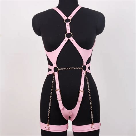 핑크 섹시한 바디 가죽 하네스 BDSM 본디지 여성 패션 하네스 가터 벨트 가죽 브라 탑 페티쉬 레그 체인 란제리
